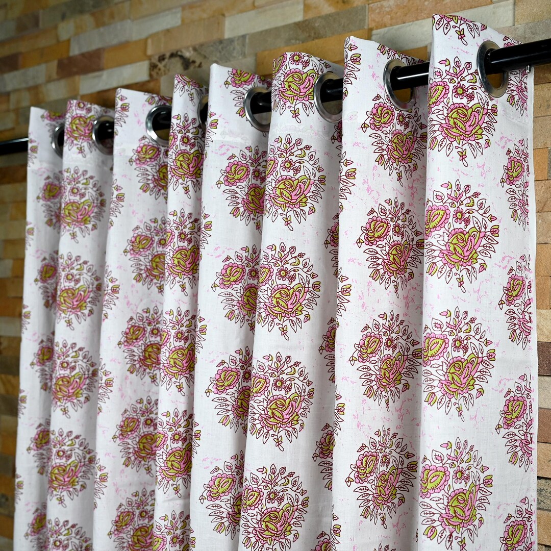 Pink Floral Block Print Curtain, Hand Block Printed Cotton Drapes ...