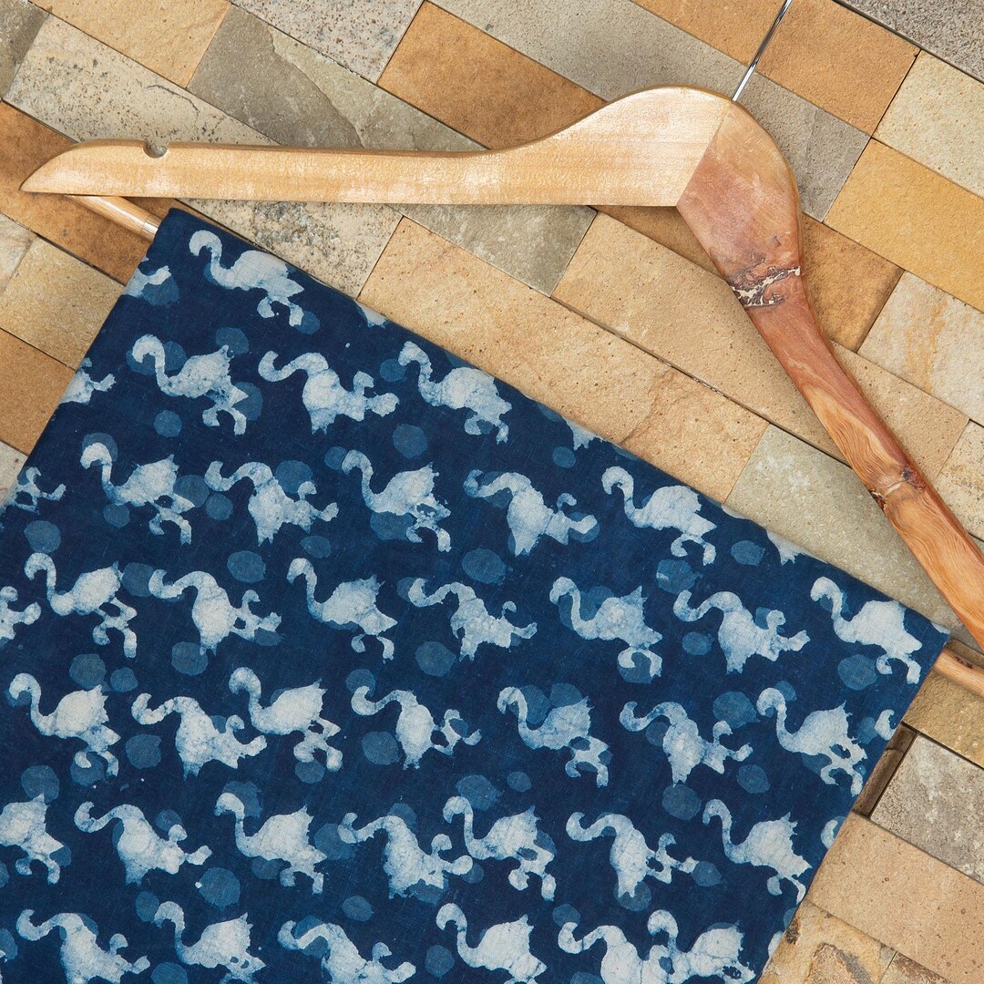 Indigo Blue Squirrel Print Fabric, Hand Block Printed Cotton, Dabu Mud ...