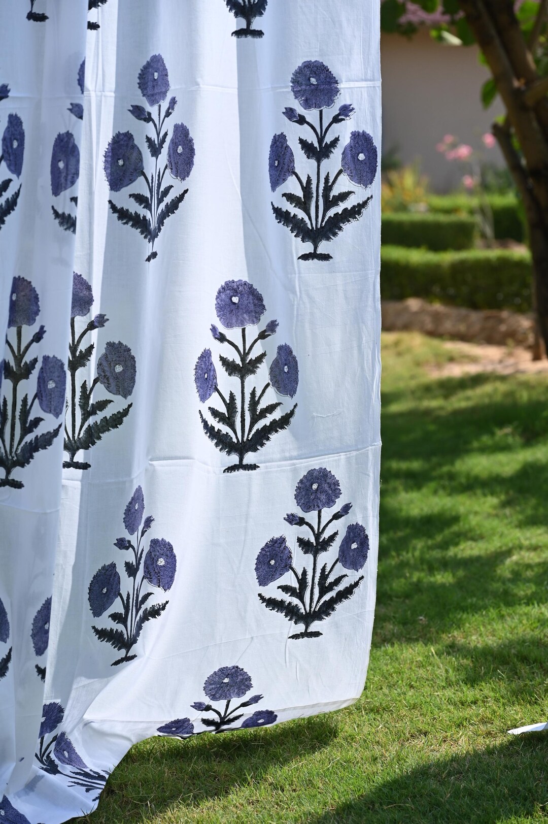 Purple Block Print Curtain Panel Cotton, Mughal Floral Print, Farmhouse ...