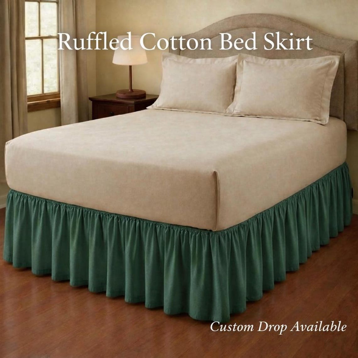 Olive Green 100% Cotton Ruffled Bed Skirt Soft Breathable Dust Ruffle ...