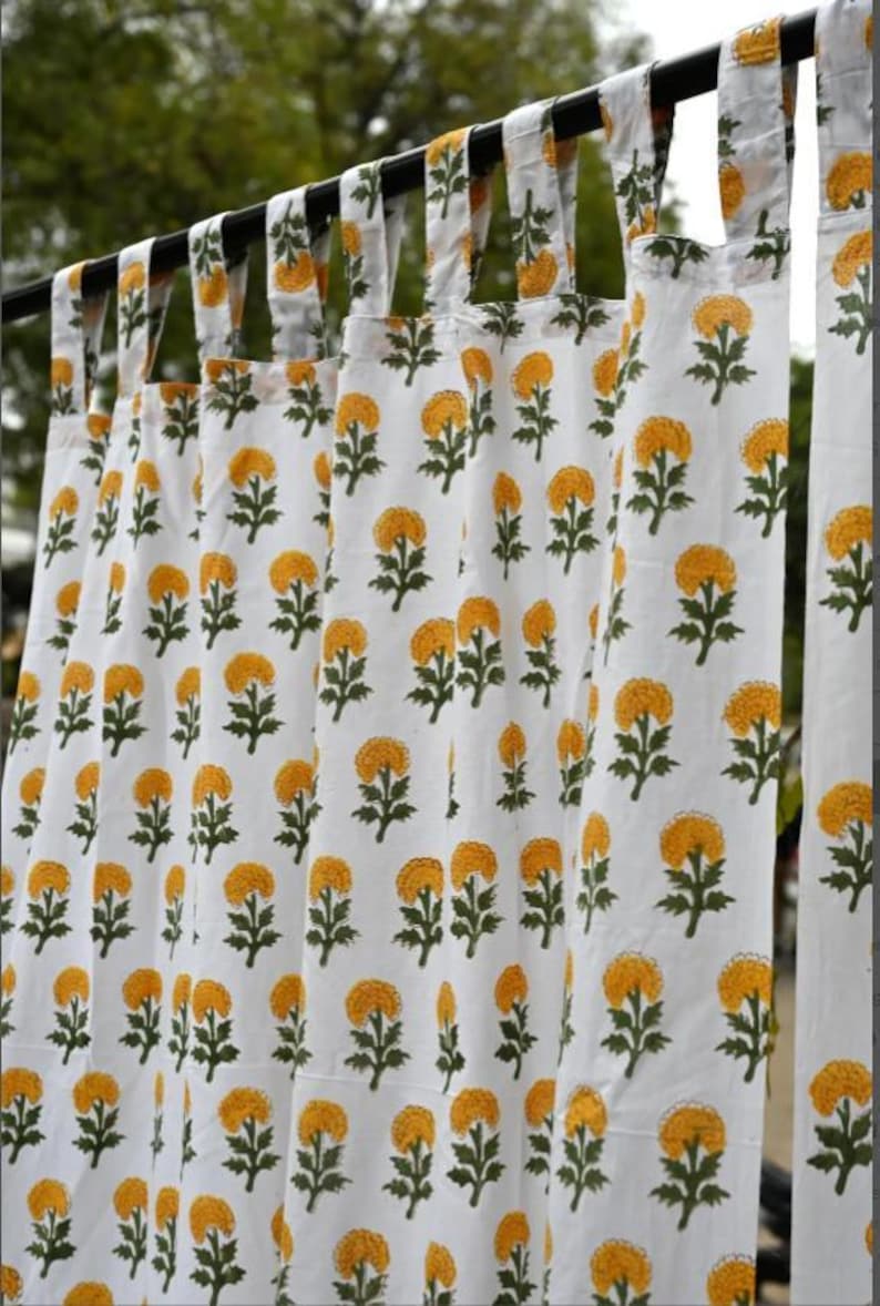 Yellow Marigold Block Print Curtains, Cotton Floral Window Panels, Boho ...