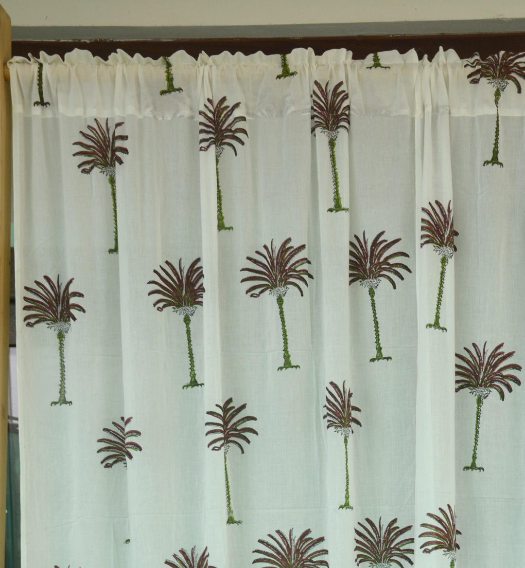 Palm Tree Block Print Curtain Set 2 Panels Farmhouse Door Window Drapes ...