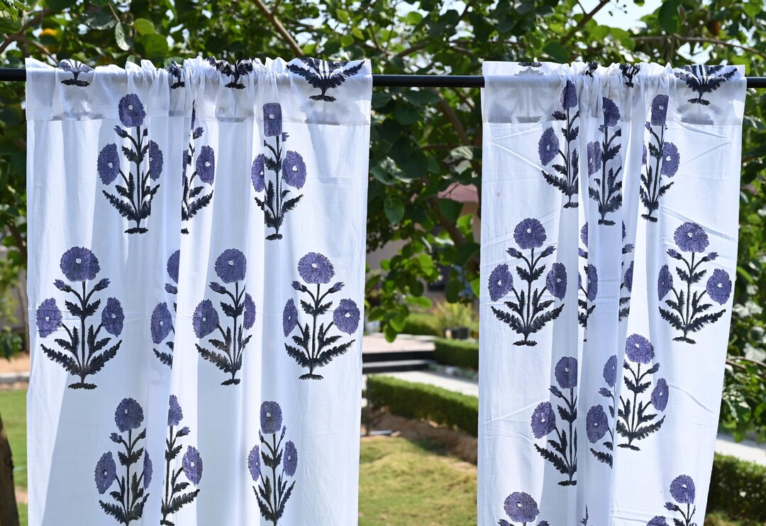 2 Panels Cotton Block Print Curtains, Purple Big Flower Printed Curtain ...