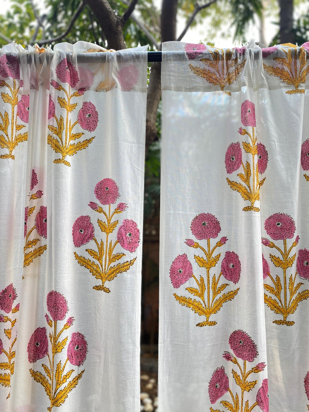 Pink Floral Curtains Poppy Block Print Cotton Curtains for Living Room ...