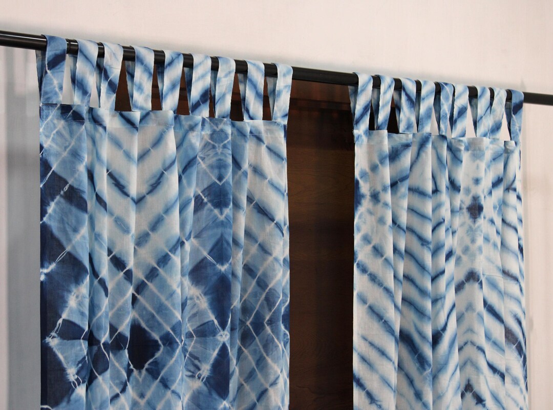 Indigo Shibori Cotton Curtains, Blue Tie Dye Tab Top Drapes, Coastal ...