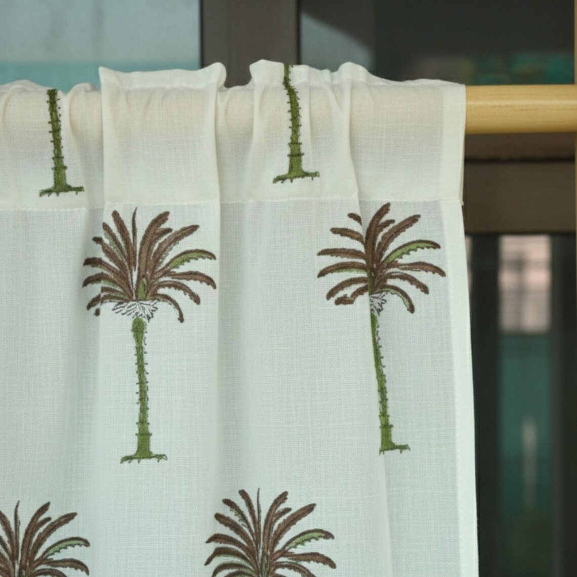 Palm Tree Block Print Curtain Set 2 Panels Farmhouse Door Window Drapes ...