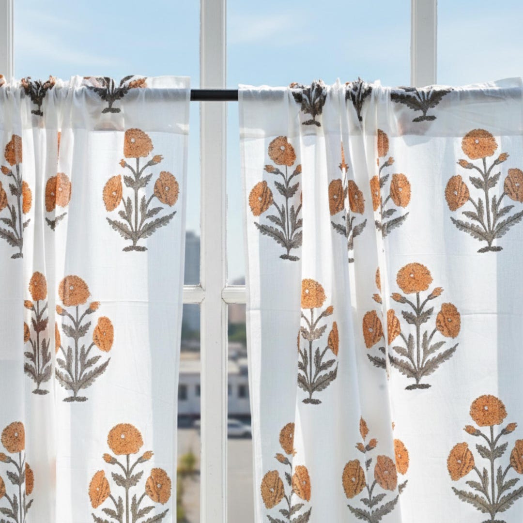 Block Print Curtains Panel, Pure Cotton Mughal Floral Drapes for ...