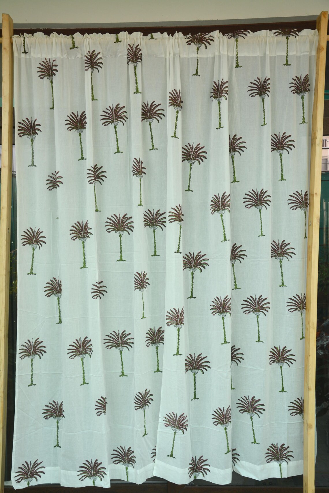 Palm Tree Block Print Curtain Set 2 Panels Farmhouse Door Window Drapes ...
