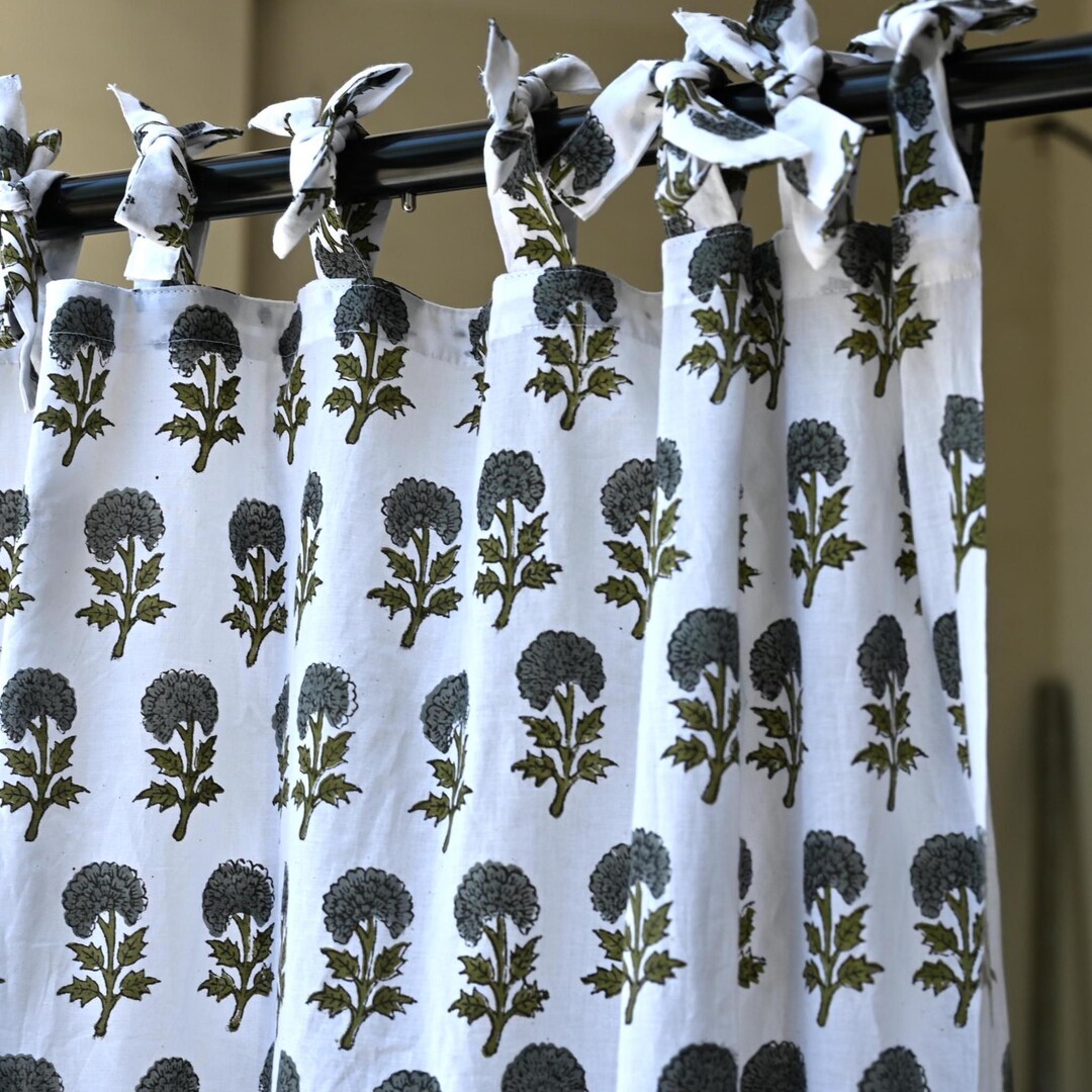 Floral Block Print Curtains Cotton, Gray Boho Window Panel, Farmhouse ...