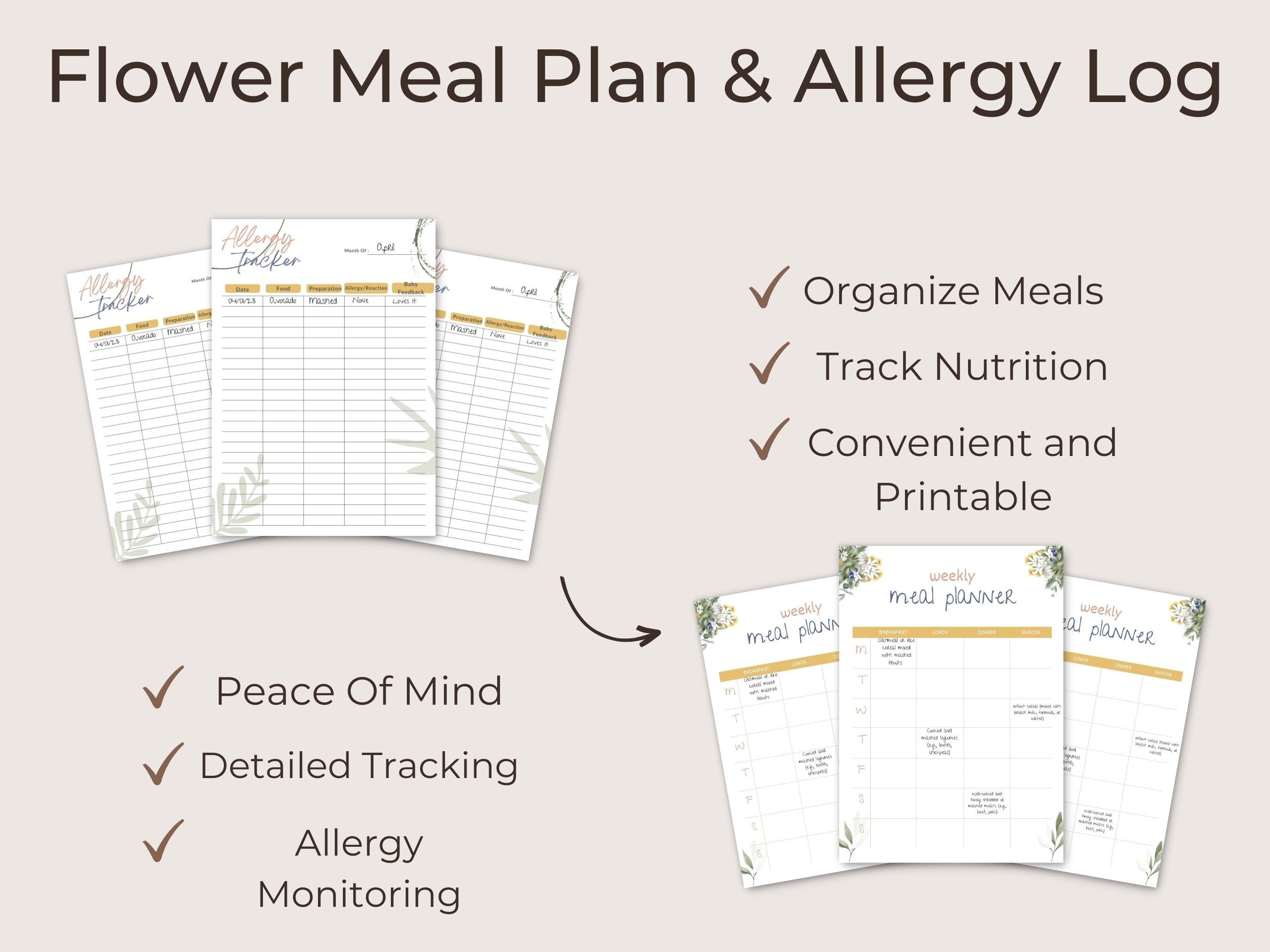 Printable Baby Meal Planner & Allergy Tracker Flower Theme Weekly Meal ...