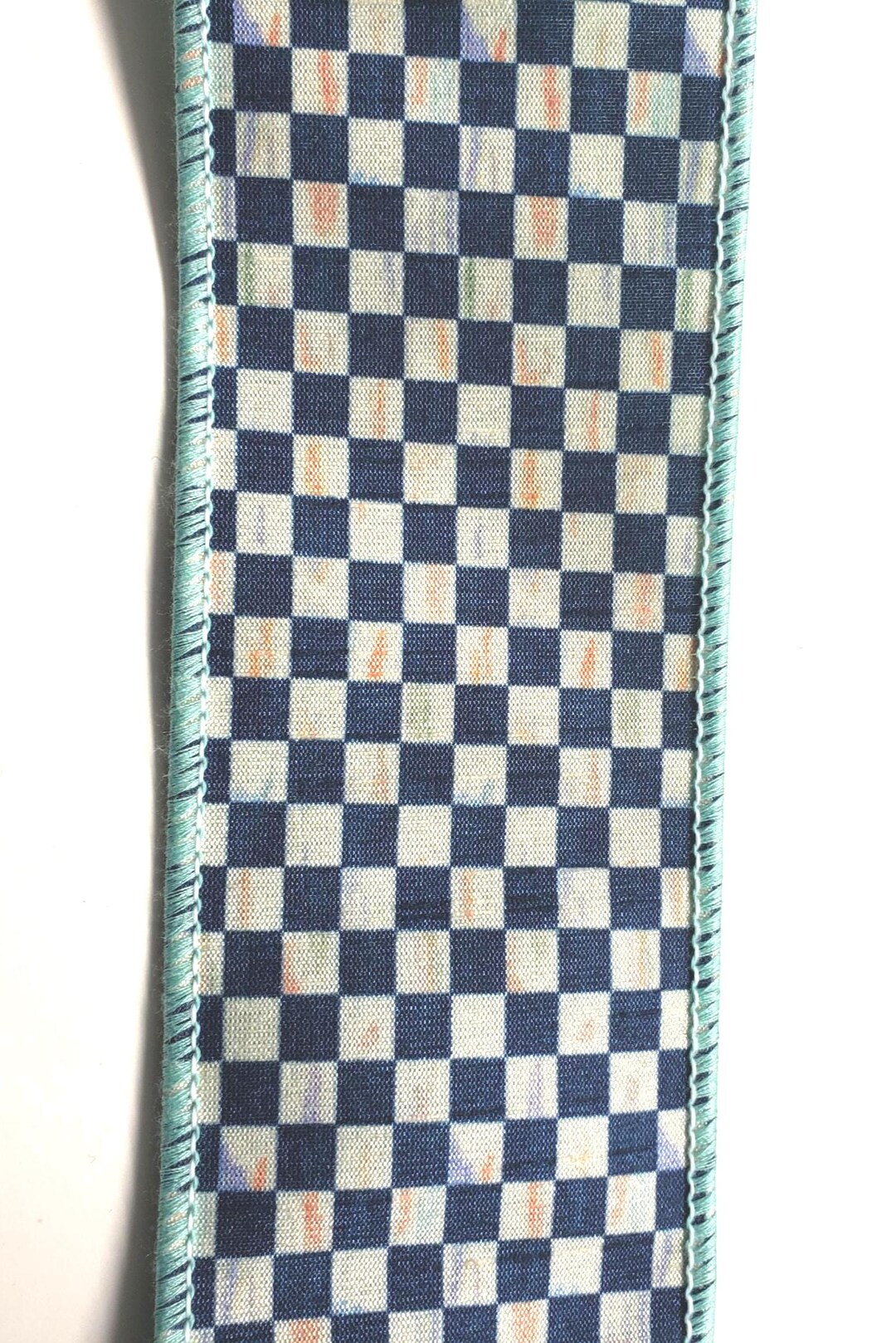 Mackenzie Childs Courtly Check Ribbon: Aqua Blue Wire Edge, 2.5 Inch ...