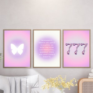 Pink Purple Aura Poster Set of 3 Affirmation Print 777 Angel Number Poster Spiritual Dorm Decor ...