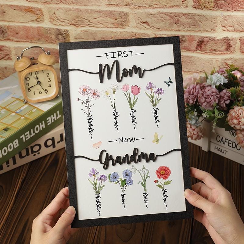 First Mom Now Grandma Sign, Custom Birth Flower Sign, Wooden Flower ...