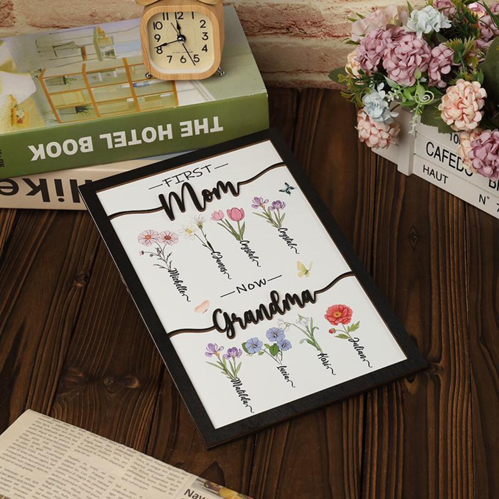 First Mom Now Grandma Sign, Custom Birth Flower Sign, Wooden Flower ...