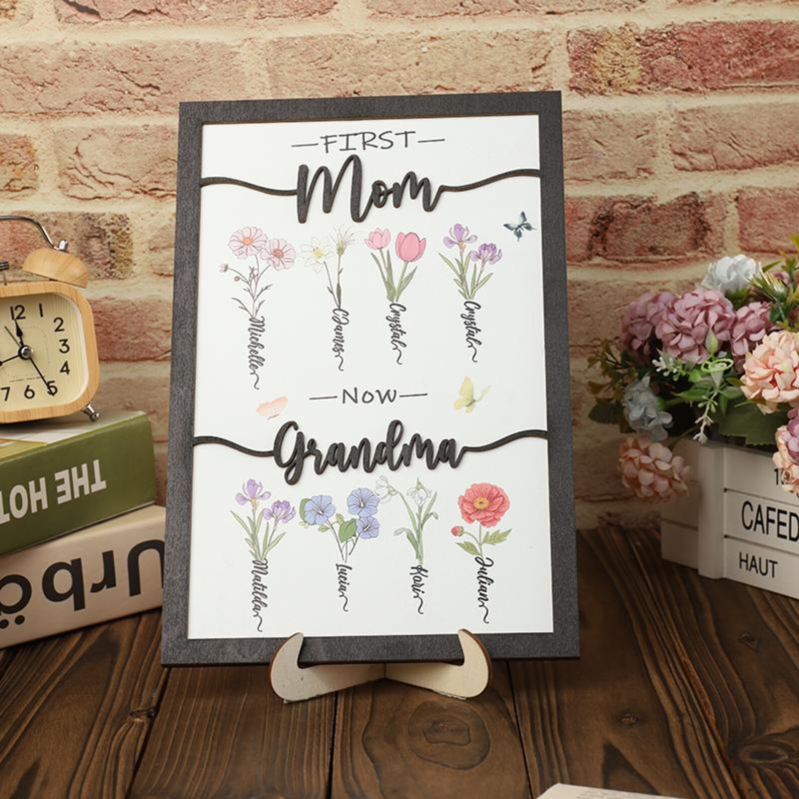 First Mom Now Grandma Sign, Custom Birth Flower Sign, Wooden Flower ...