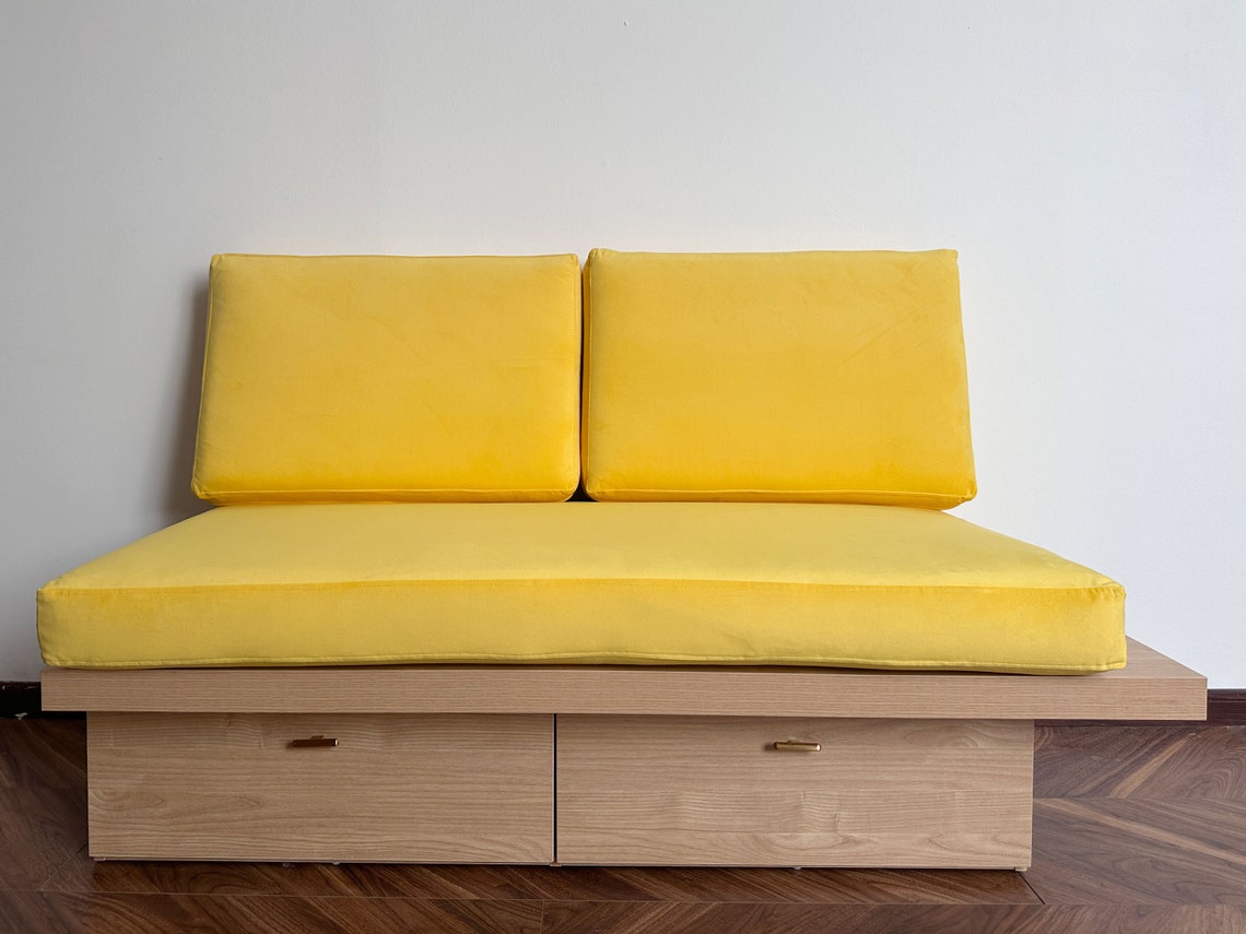 Yellow Bench and Back Cushion, Custom Size Party Cushion, Velvet Fabric ...