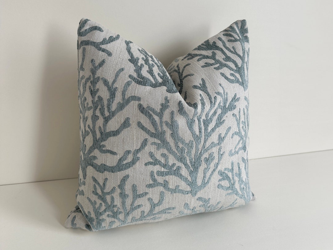 Light Blue Floral Pattern Print Linen Pillow, Designer Contemporary ...
