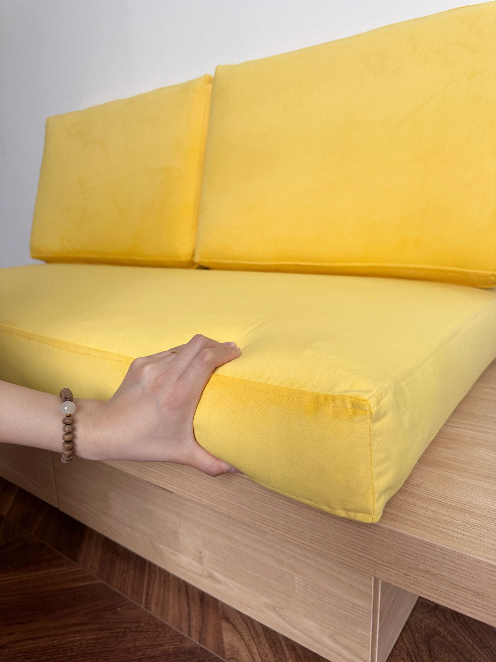 Yellow Bench and Back Cushion, Custom Size Party Cushion, Velvet Fabric ...