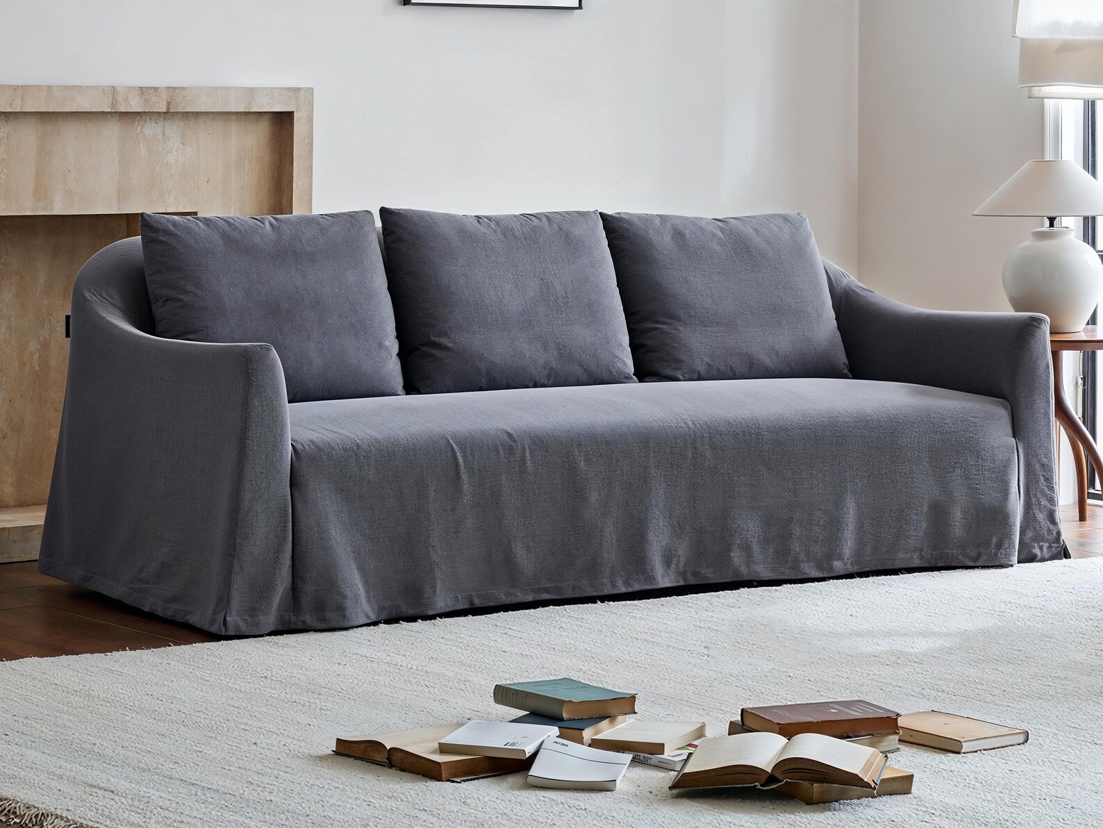 One-piece Grey Cotton Linen Three-seat Sofa Cover, Custom-made ...
