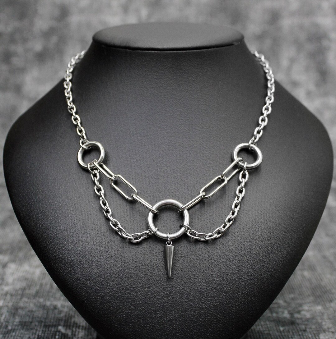 Layered Stainless Steel Spike Ring Chain Necklace: Alternative Punk ...