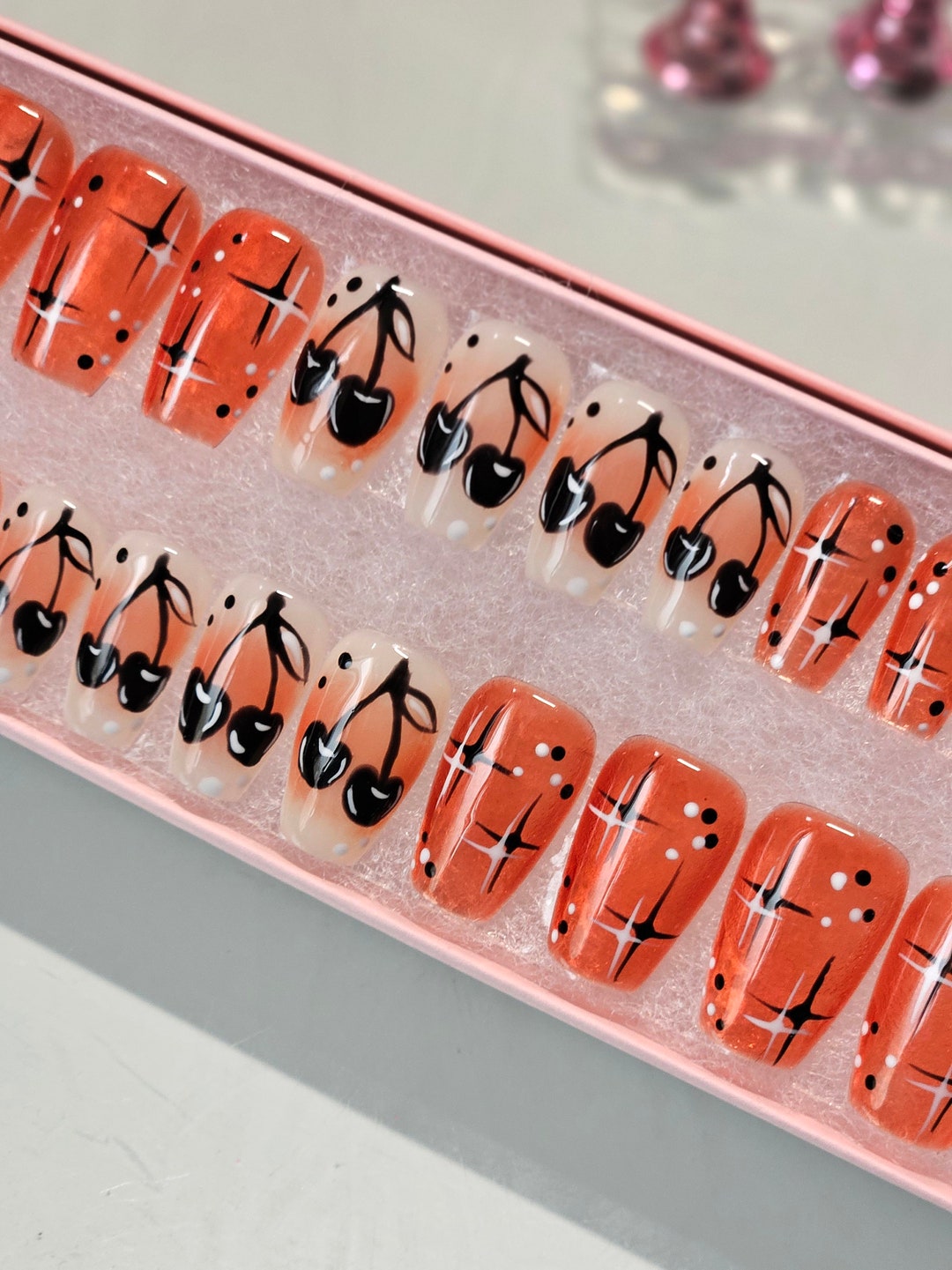 Cosmic Cherries Press on Nails, Black Cherries, Red Jelly, Sheer Nails ...