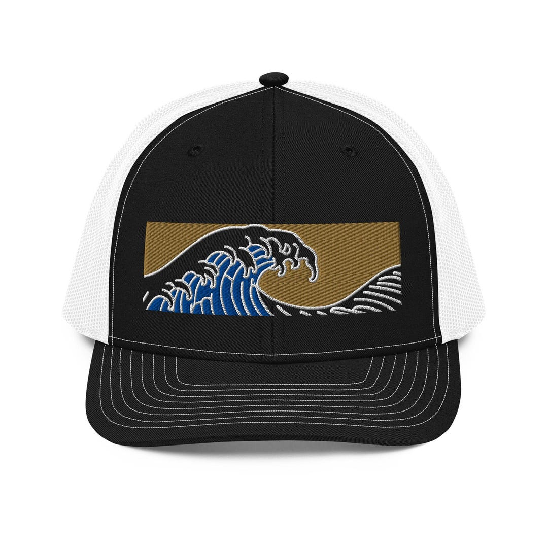 Wave Trucker Hat – Japanese-inspired Embroidered Unisex Cap With Gold ...