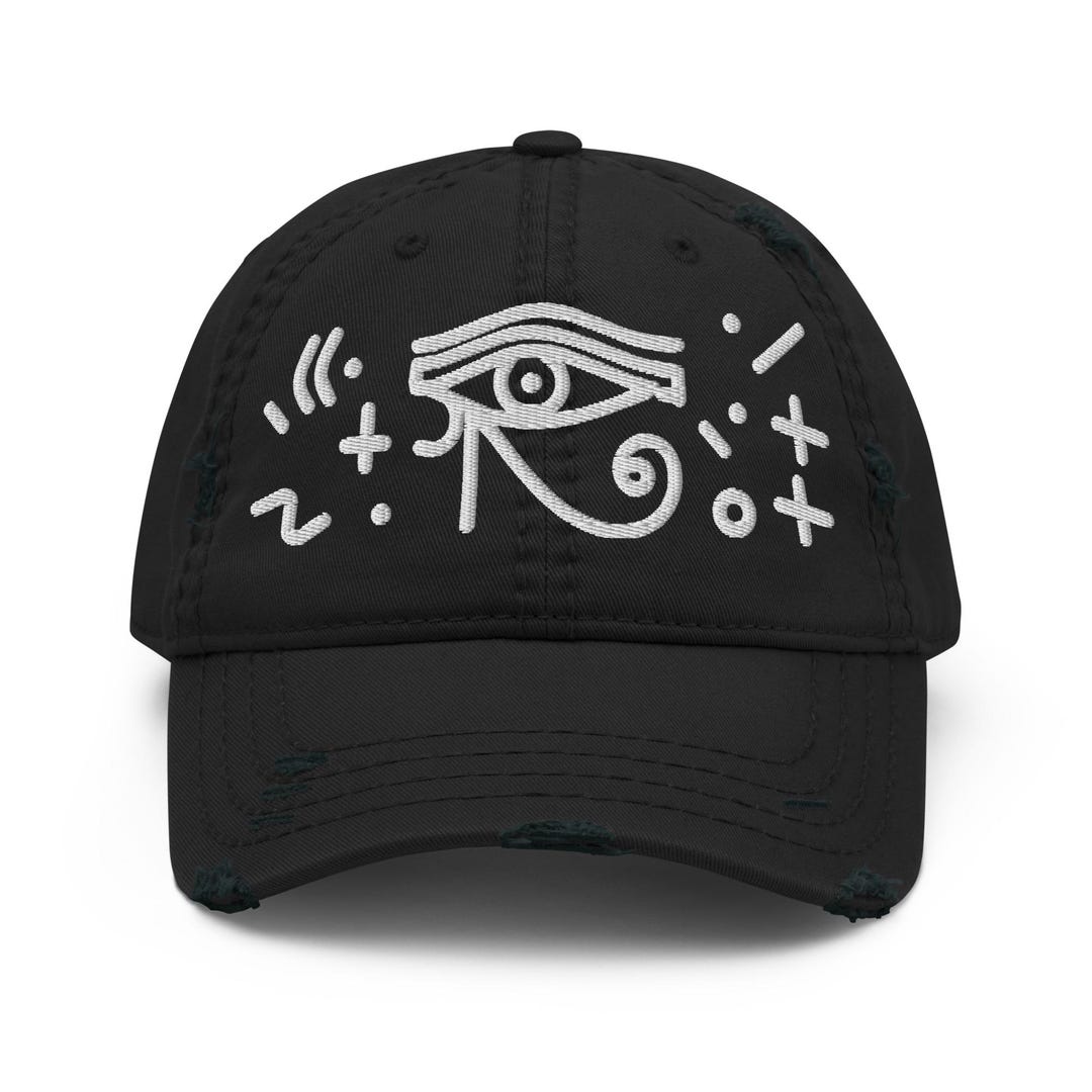 Eye of Horus Glyphs Distressed Dad Hat – Embroidered Minimalist Black ...