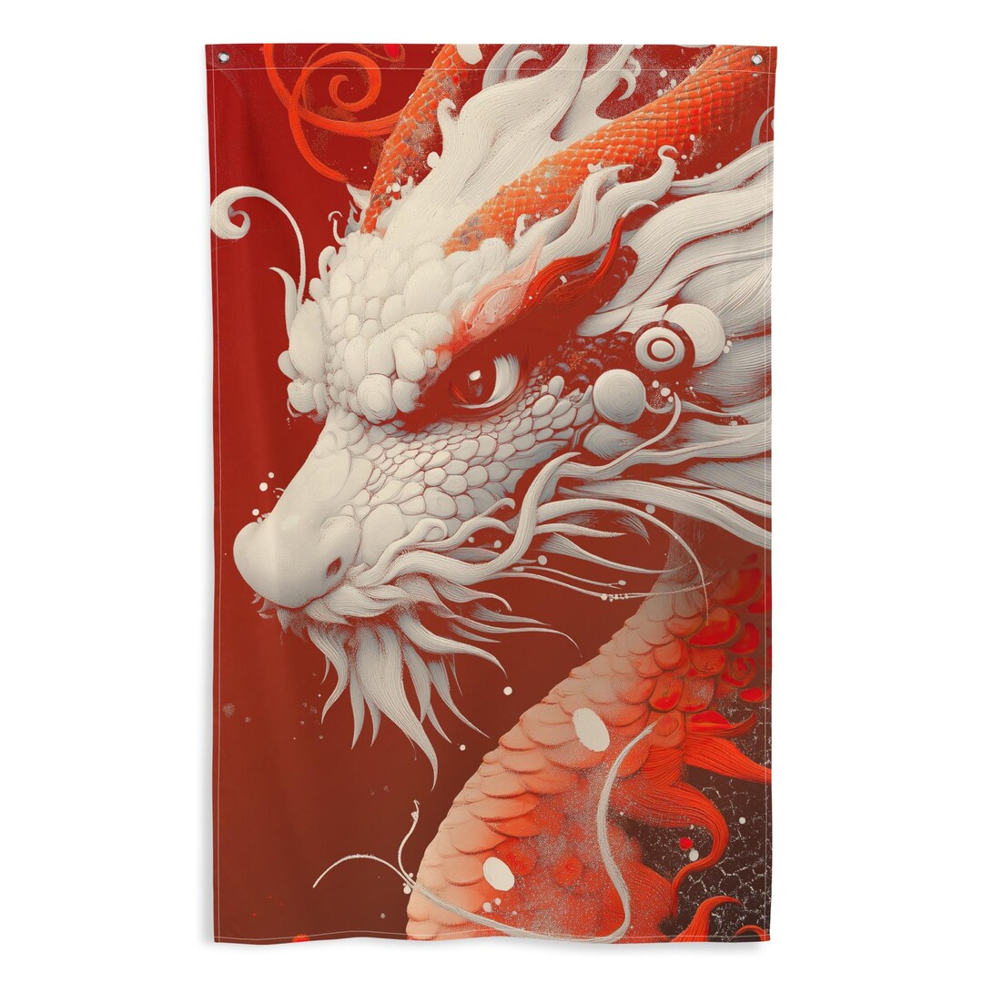 Dragon in Field of Red Banner Whimsical Fantasy Decor Polyester Fabric ...