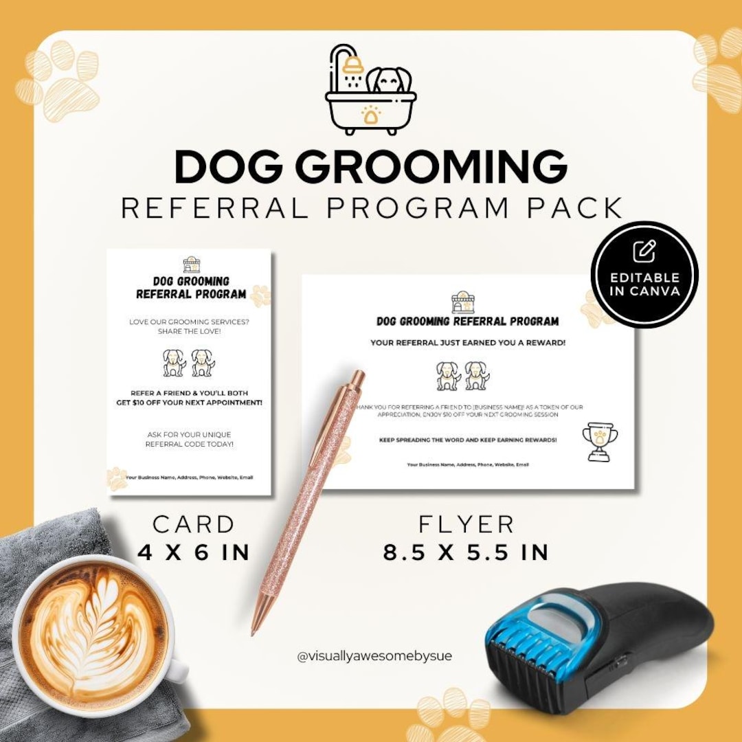 Dog Grooming Referral Program Card & Flyer Templates (canva Editable ...