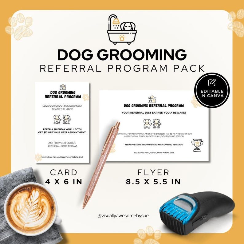 Dog Grooming Referral Program Card & Flyer Templates (canva Editable ...