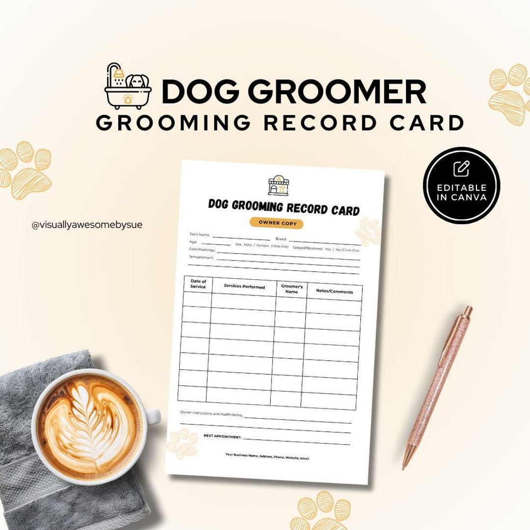 Dog Groomer Grooming Record Card Template INSTANT DOWNLOAD Digital ...