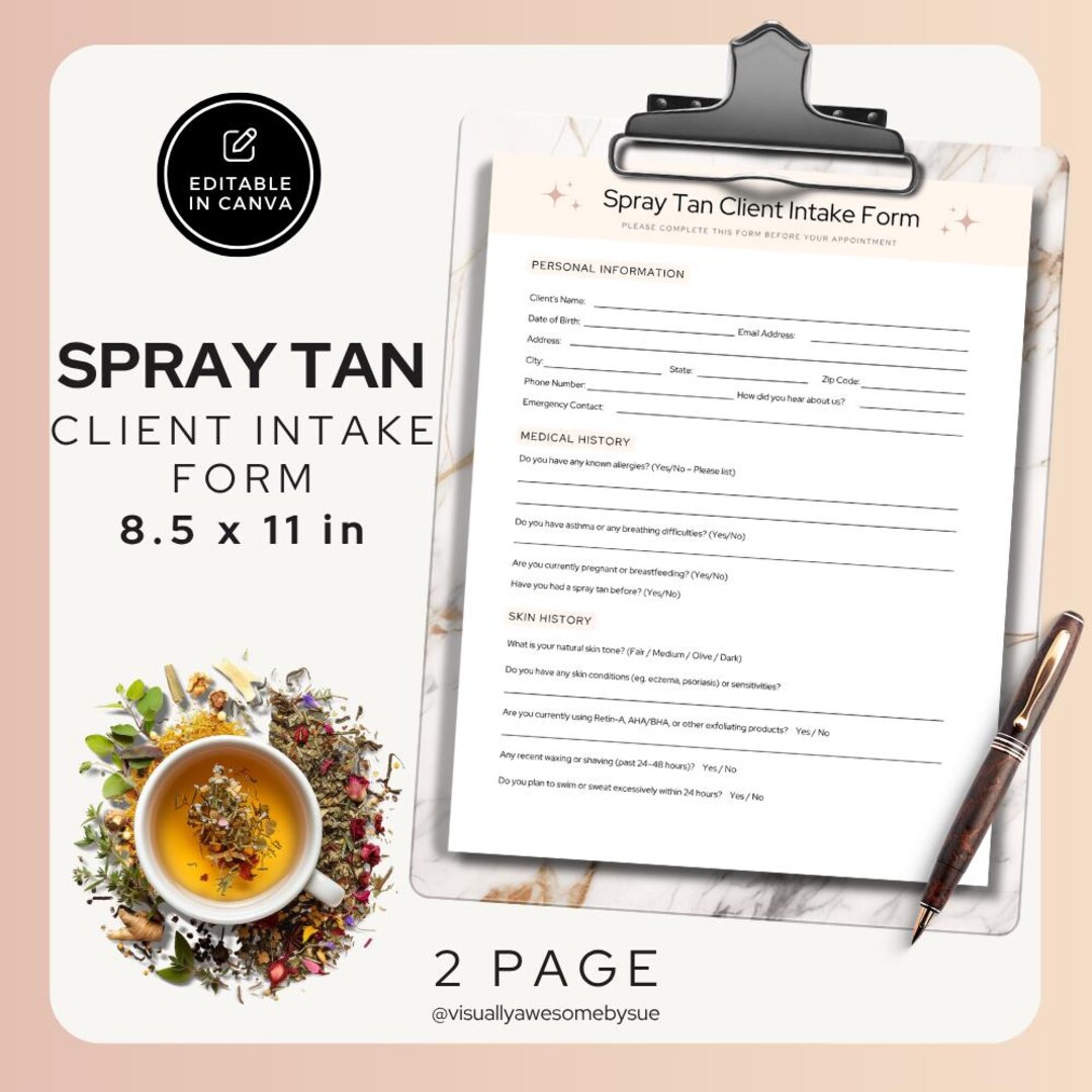 Spray Tan Client Intake Form Template: Editable Canva Forms (8.5x11 ...