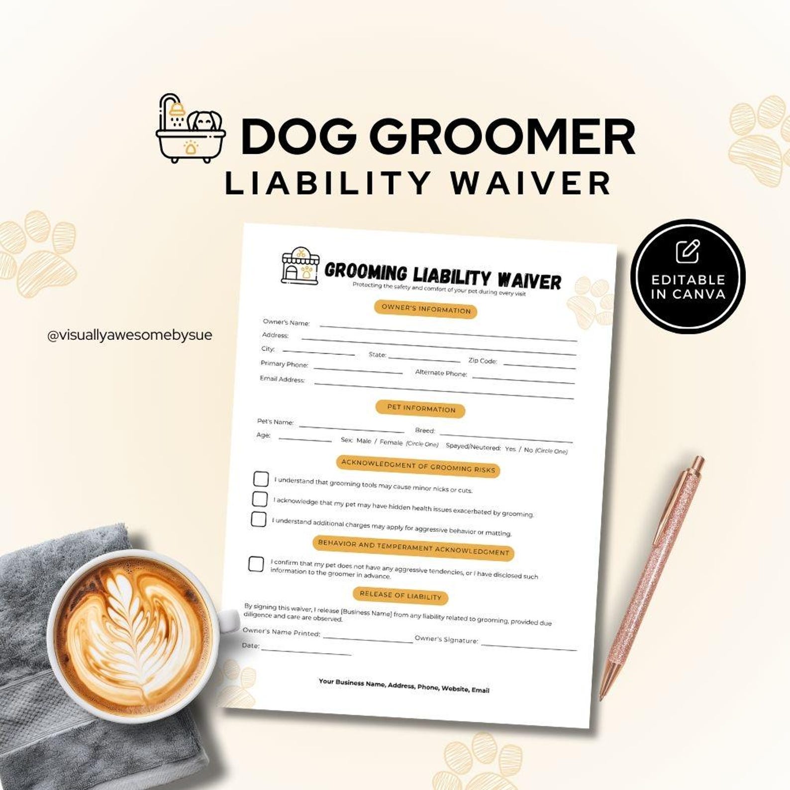 Dog Groomer Liability Waiver Template: Editable Canva Form (digital ...