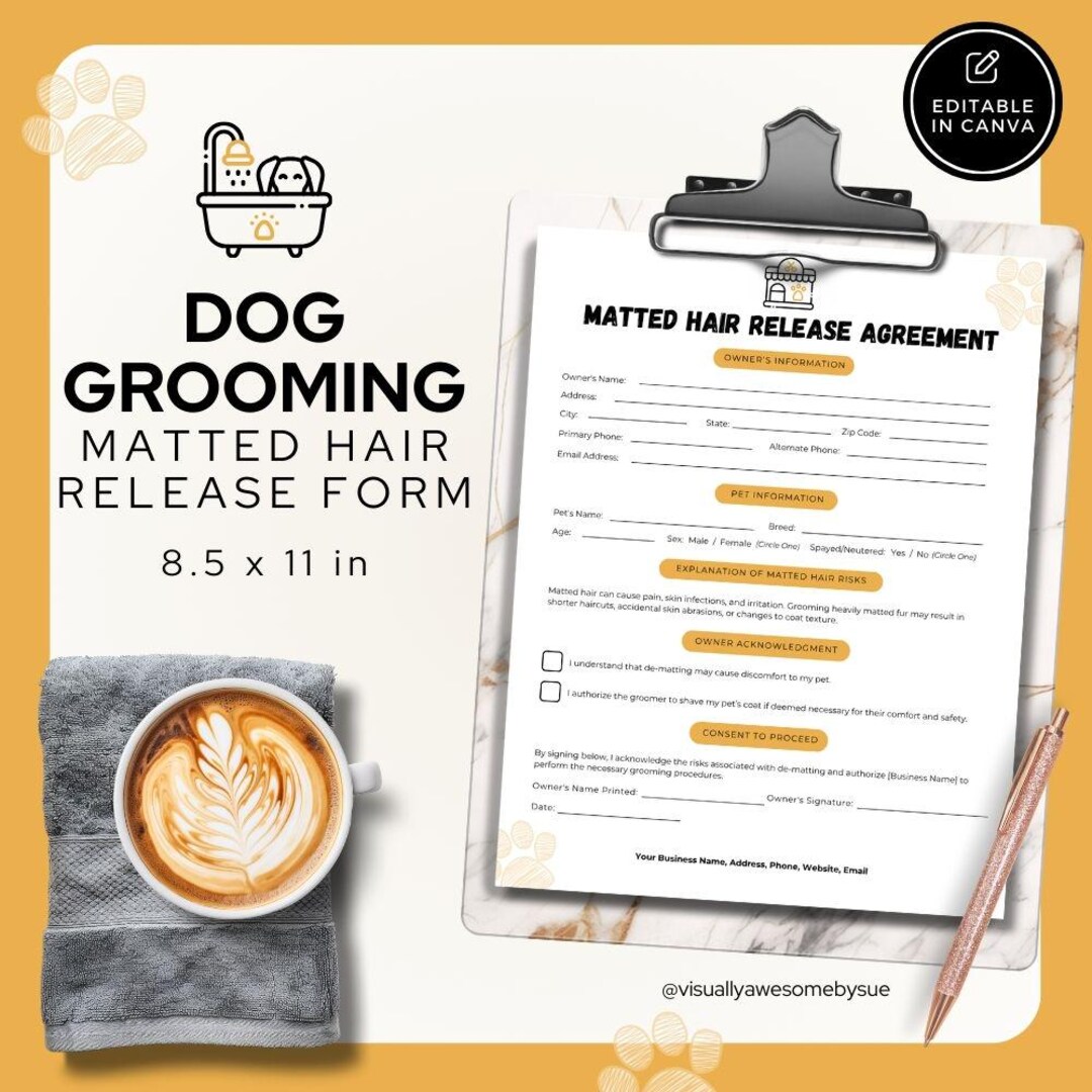 Dog Groomer Matted Hair Release Form Template INSTANT DOWNLOAD Digital ...