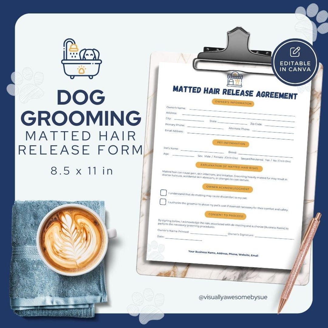 Dog Groomer Matted Hair Release Form Template INSTANT DOWNLOAD Digital ...