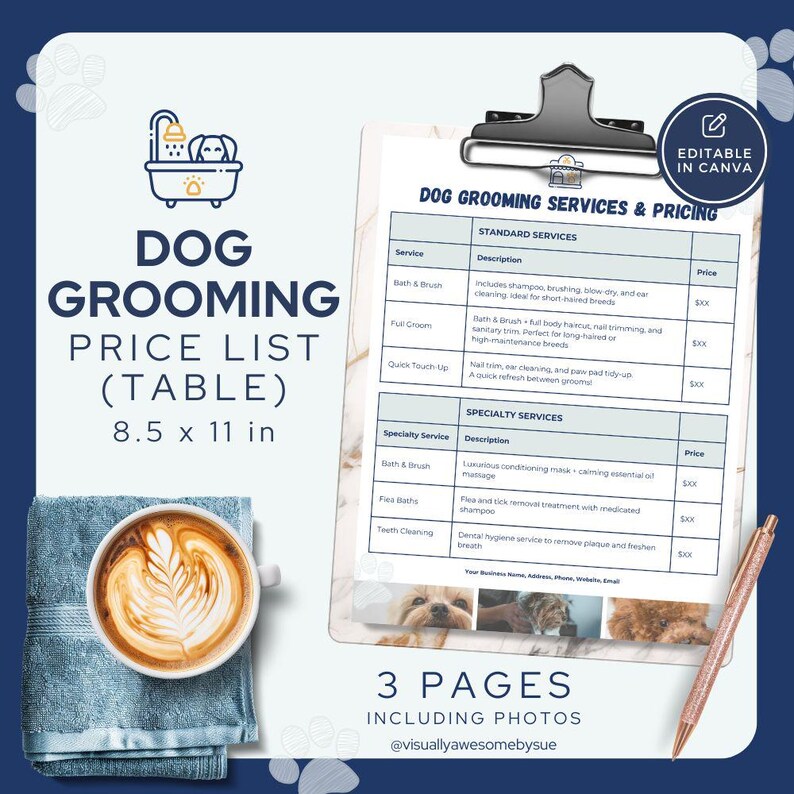 Dog Grooming Price List Template: Editable Canva Printable (8.5x11, 3pg ...