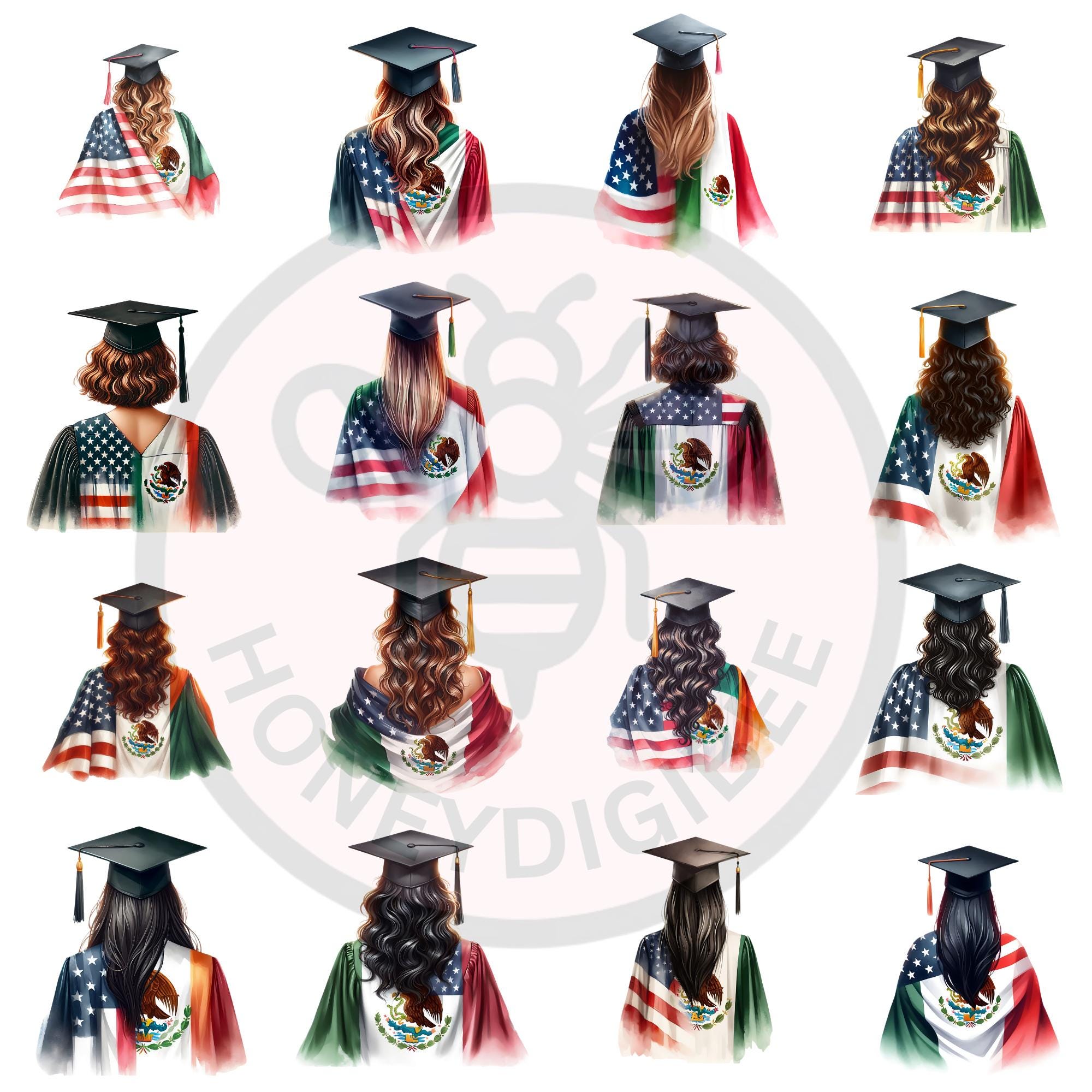 Mexican American Girl Graduation Clipart: Cap Topper PNG Bundle - Etsy