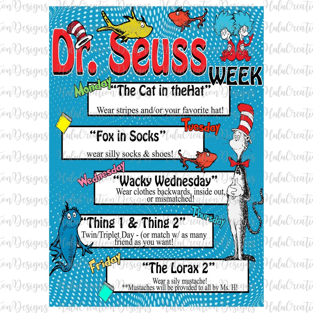 Editable School Spirit Week Schedule, Dr Susess Editable Canva Template ...