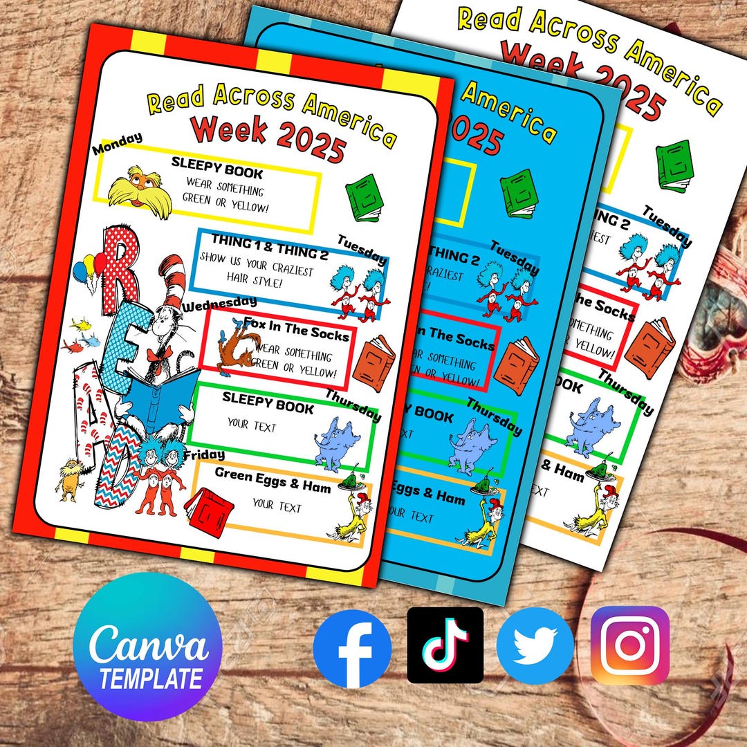 Editable School Spirit Week Schedule, Dr Susess Editable Canva Template ...