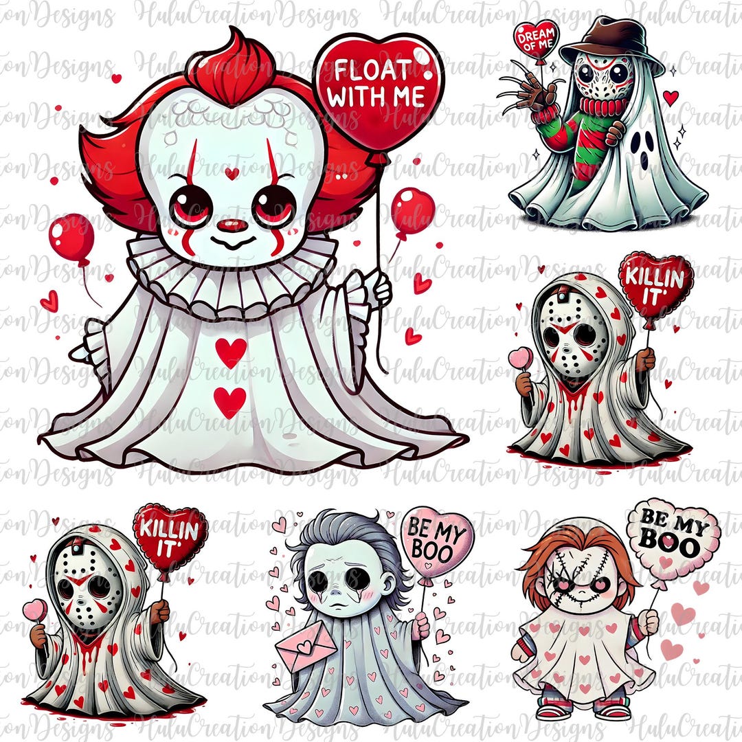 Horror Characters Valentine Png Bundle, Ghost With Balloon Valentine ...