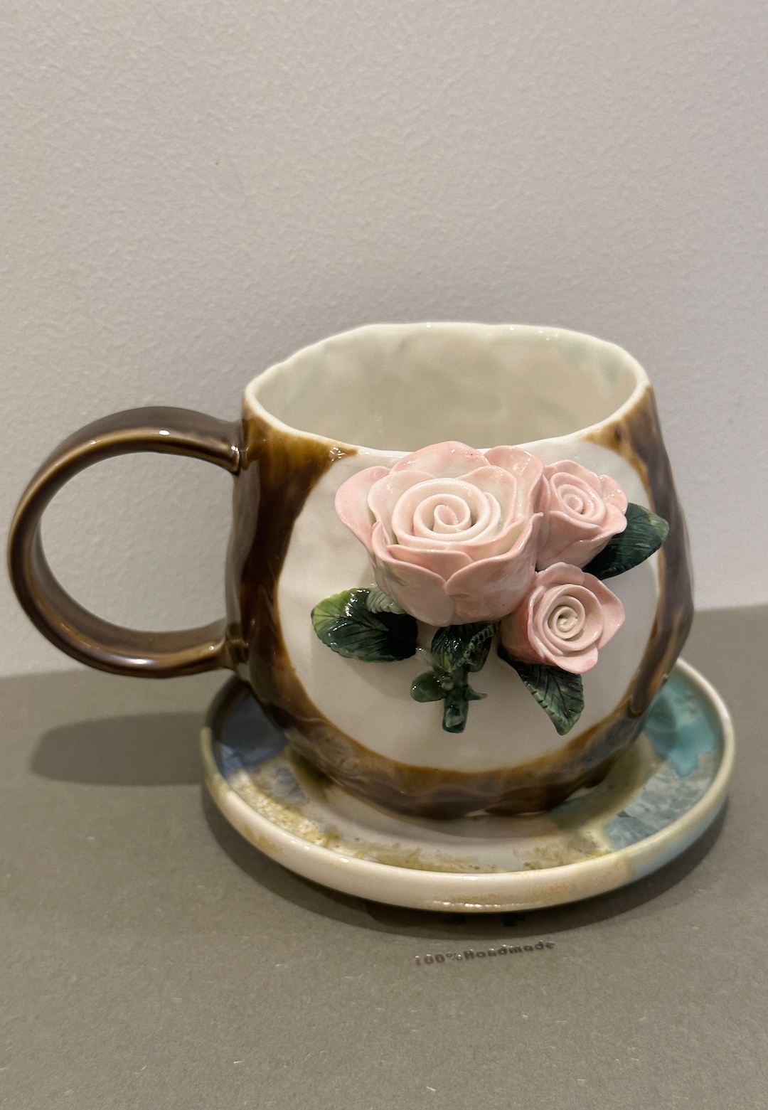 Pink Roses Ceramic Mug, Handmade Ceramic Mug and Saucer Set, Ceramic ...