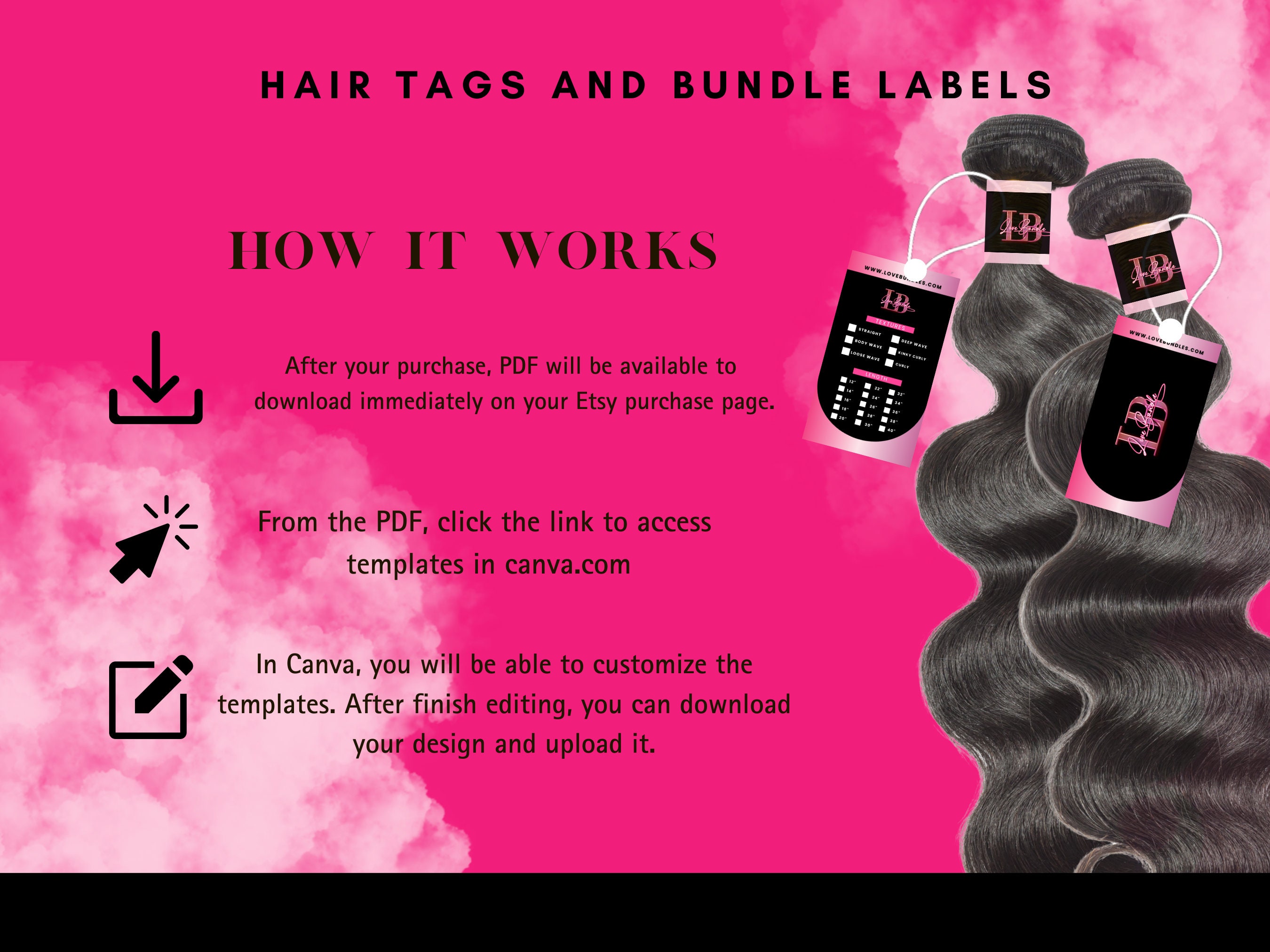 Hair Hang Tags, Bundle Wraps, Pink, Hair Packaging, Hair Tags, Editable ...