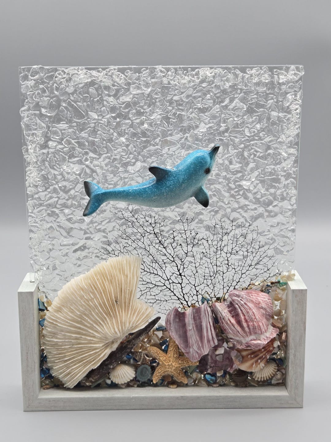 Blue Dolphin Coastal Art: Crushed Glass and Shells With Starfish, Coral ...