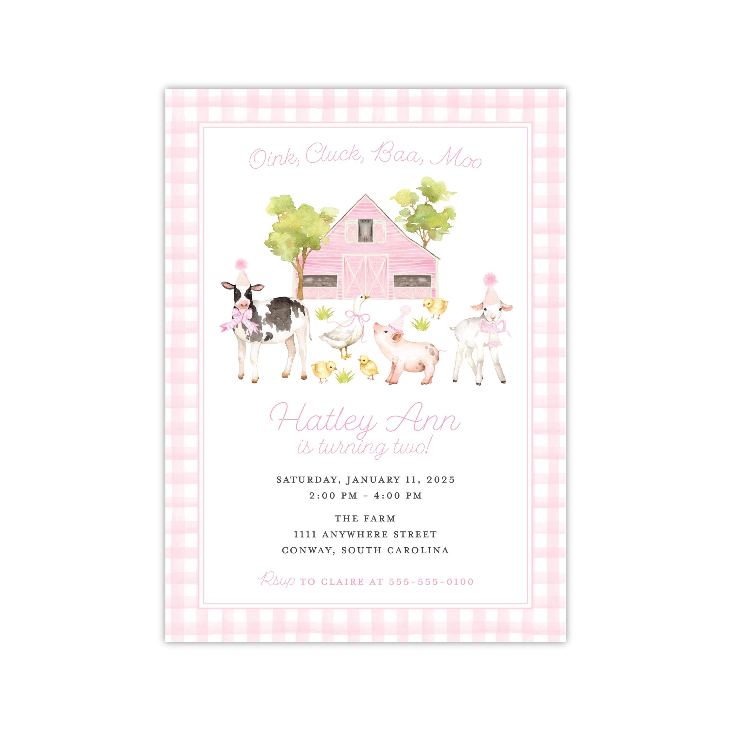 Printed Farm Party Invitation, Preppy Toddler Girl Birthday Invite ...