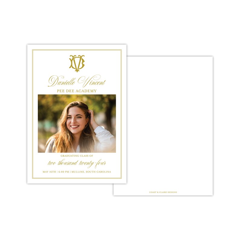 Printed Monogram Graduation Photo Card, Grad Announcement Picture ...