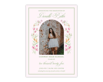Printed Floral Graduation Photo Card, Grad Announcement Picture ...