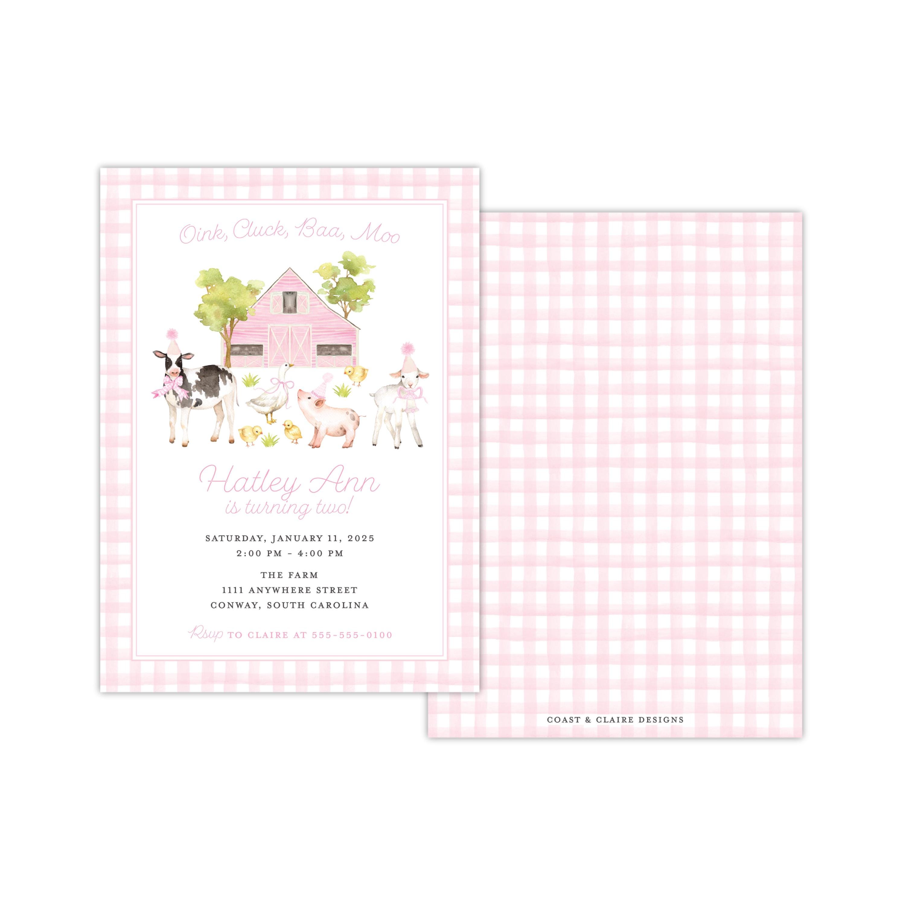 Printed Farm Party Invitation, Preppy Toddler Girl Birthday Invite ...