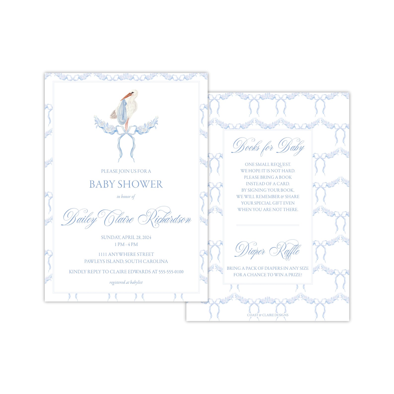 Printed Stork Shower Invitation, Baby Boy, Watercolor Blue Bow Trellis ...