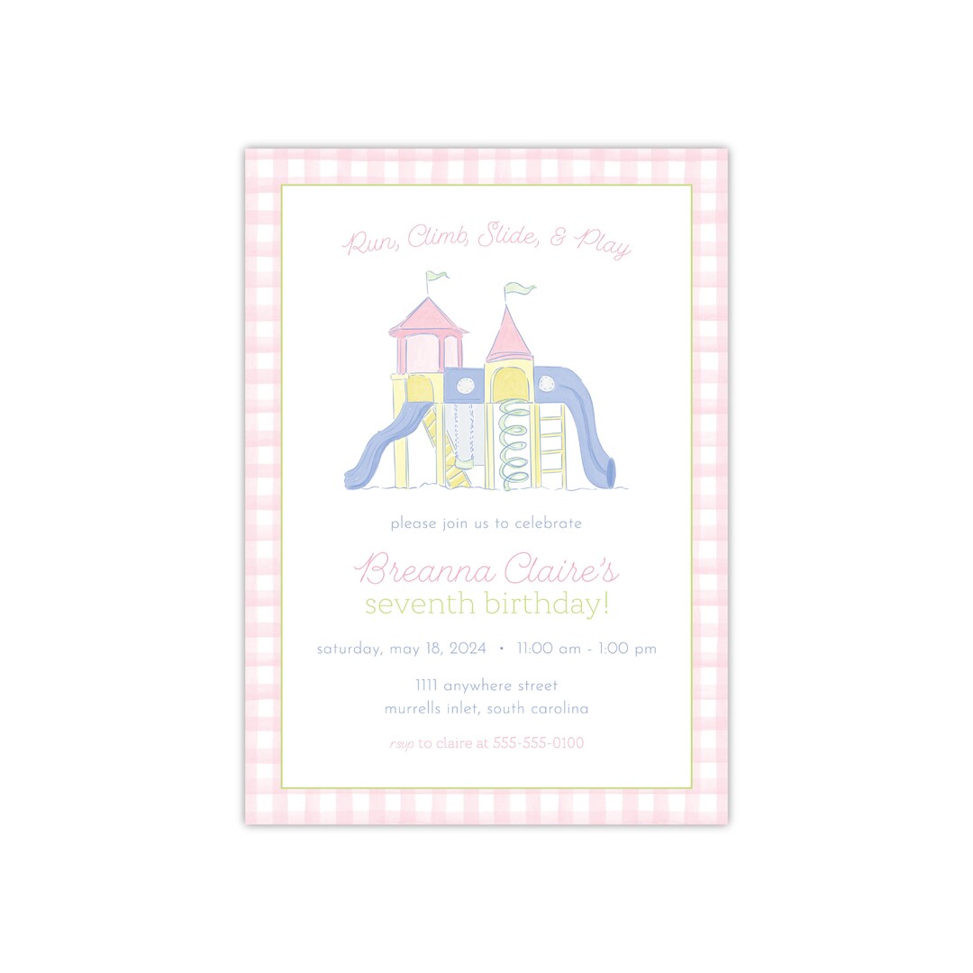 Printed Playground Birthday Invitation, Watercolor Pastel Pink Gingham ...