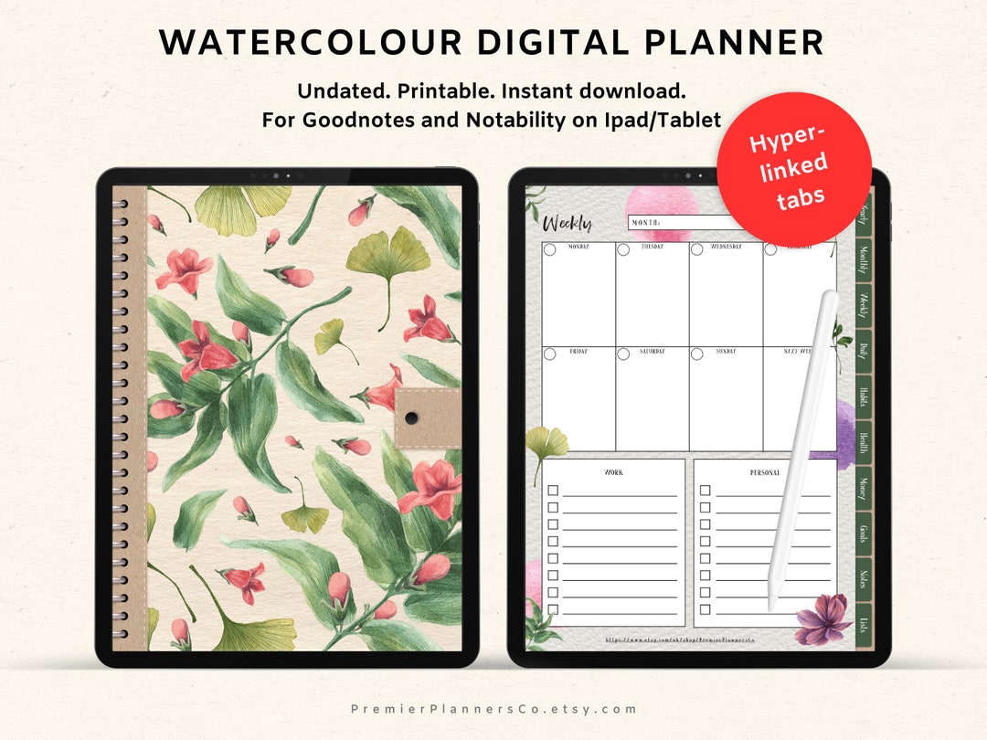 Undated Digital Planner | Watercolour Planner | Daily, Weekly & Monthly ...